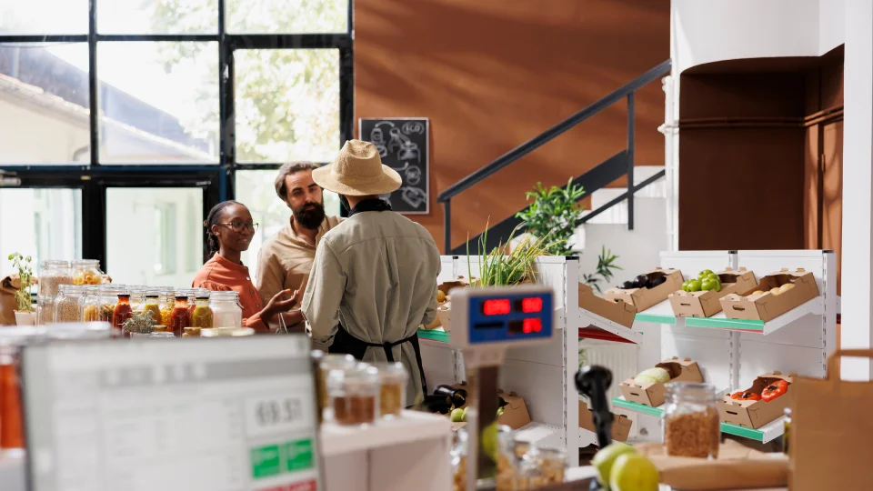 A store worker speaks with two customers near a produce display and ...