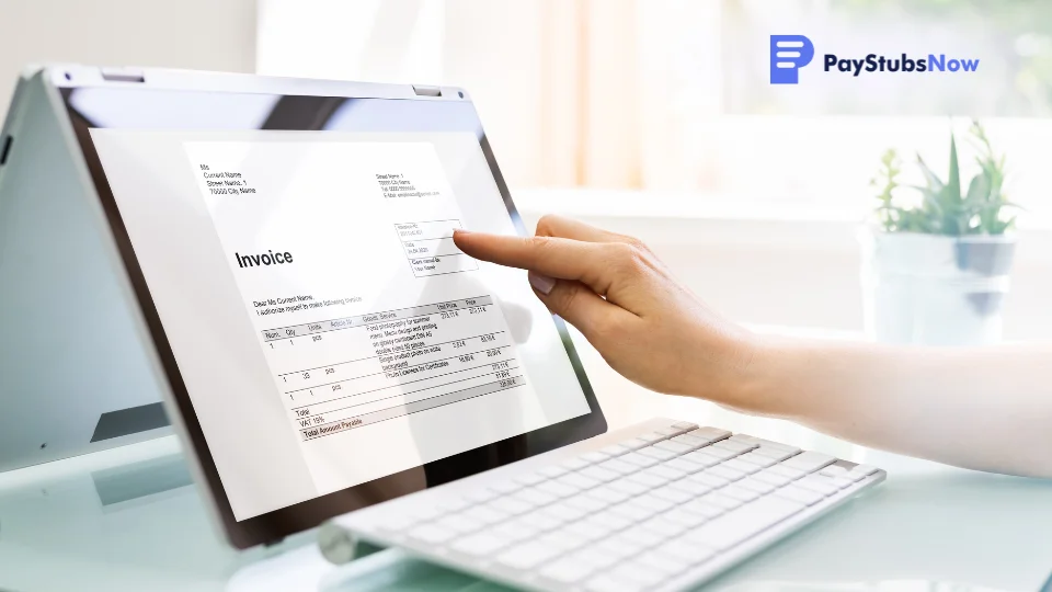 An HR team member clicks on an invoice displayed on a tablet