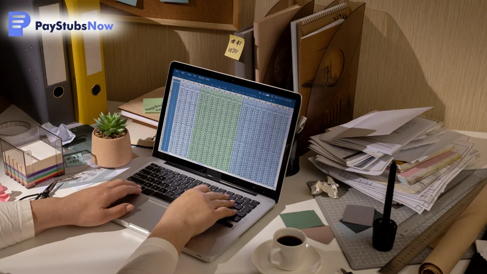A person uses a laptop to work on an Excel sheet for overtime payroll ...