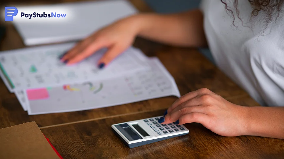A payroll administrator sitting at a desk uses a calculator to ...