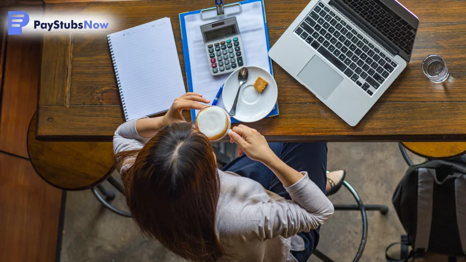 A small business owner sits at a desk with a calculator, laptop, and ...