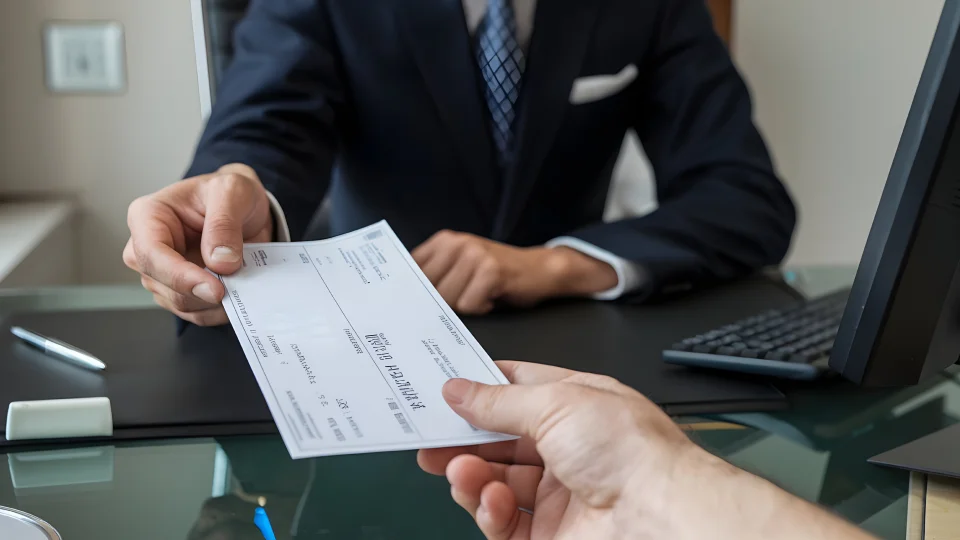 A business owner hands an employee a payroll advance across a desk.