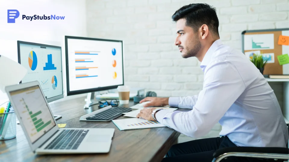 An HR manager uses payroll automation software on a desktop computer