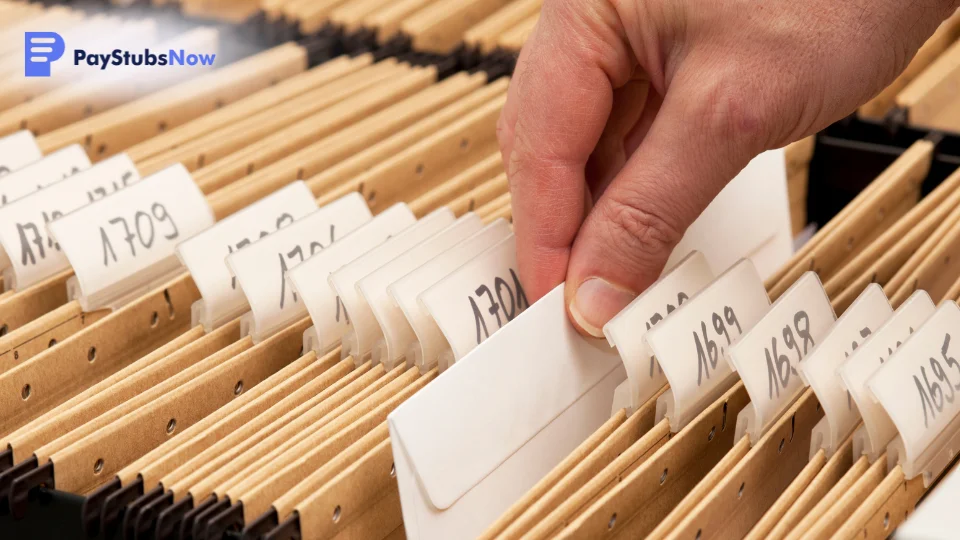 Payroll records are stored in organized folders inside office drawers