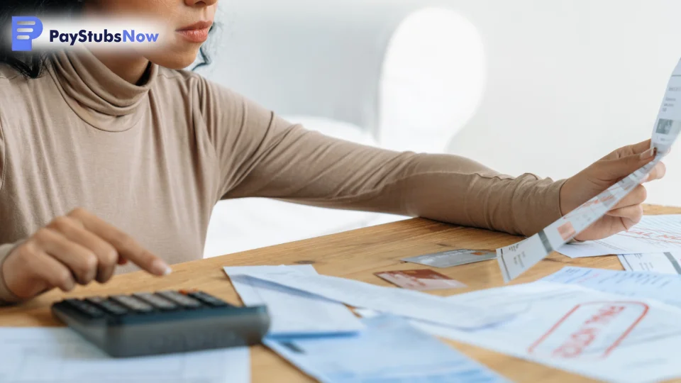 A person uses a calculator to calculate various payroll costs