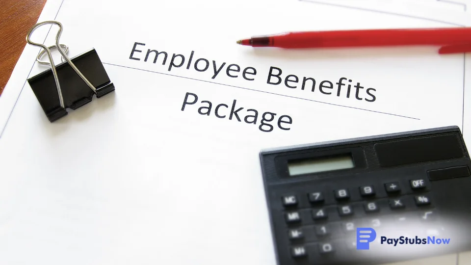 A document titled “Employee Benefits Package” sits on a desk beside a ...