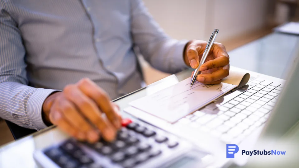 A business owner signs a bonus check while using a calculator and ...