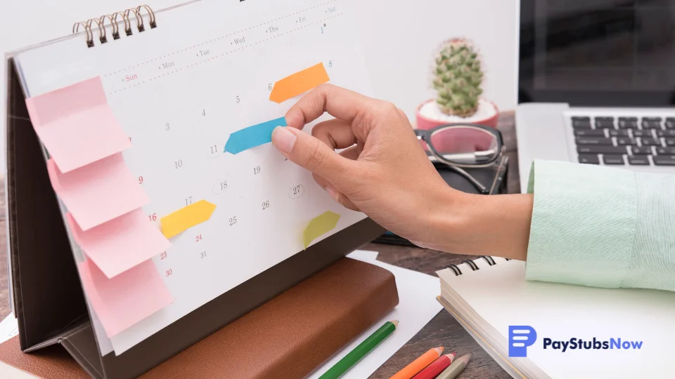 A person points to a calendar with sticky notes to represent tracking ...