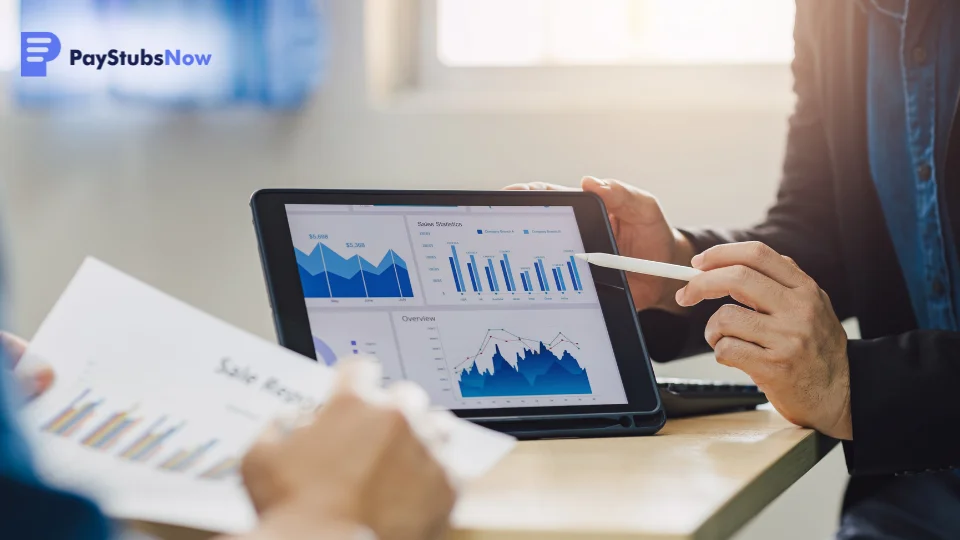 Two people review cash flow metrics on a tablet during a payroll ...